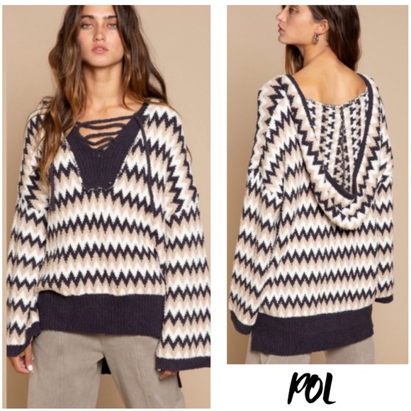 POL | Sweaters | 34new Stunning Pol Zig Zag Hoodie Sweater With String Detail Neckline | Poshmark